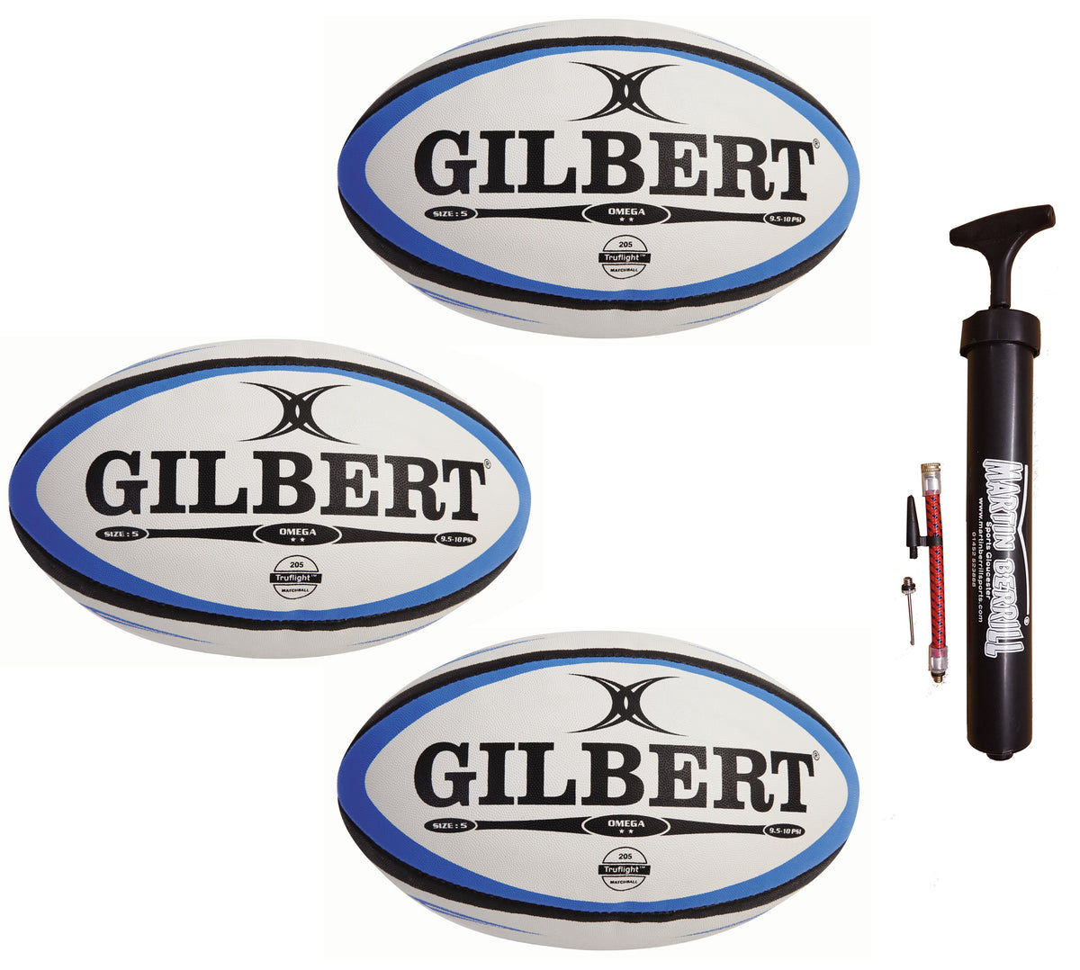 Gilbert Omega Rugby Ball Triple Pack with Hand Pump — Martin Berrill Sports